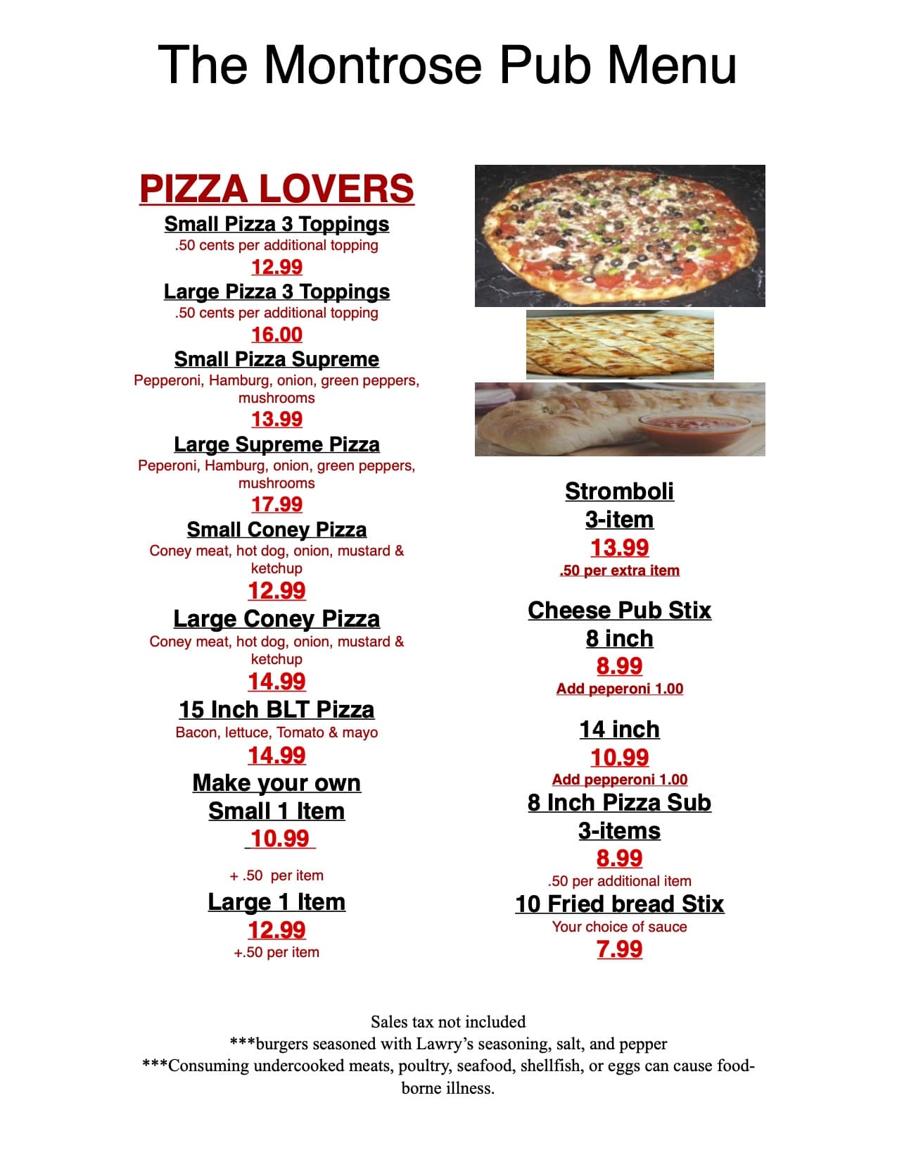 Menu | Montrose Pub