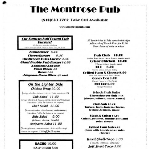 Menu | Montrose Pub