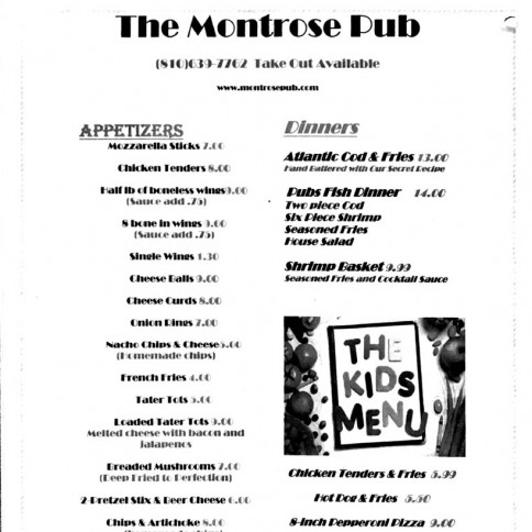 Menu | Montrose Pub